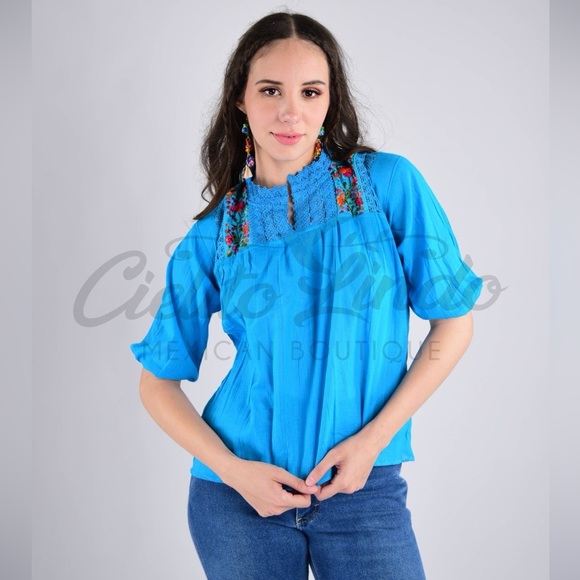 Cielito Lindo | Tops | Espaola Mexican Floral Embroidered Blue Blouse ...